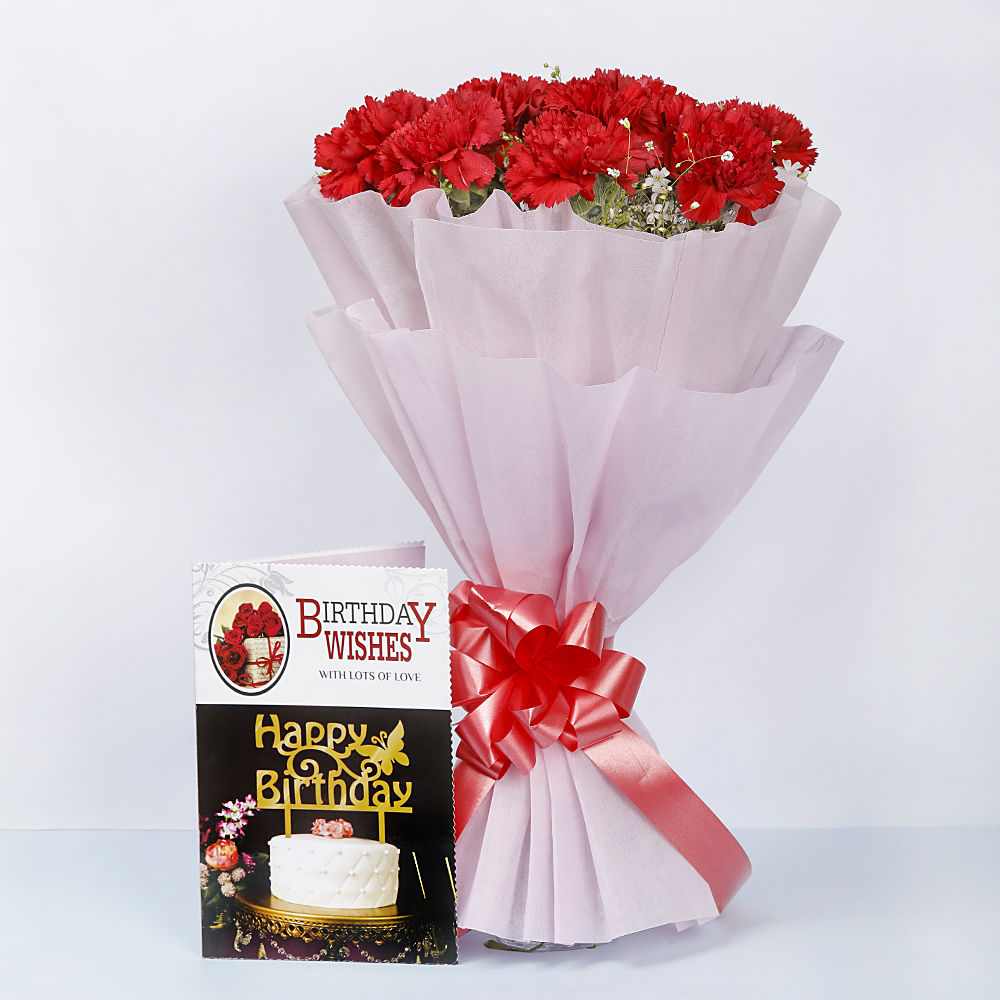 Red Carnations With Birthday Greeting Card | Winni