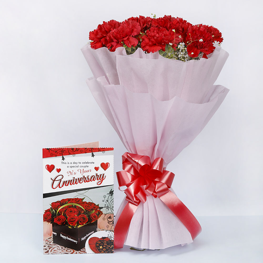 Red Carnations With Anniversary Greeting Card | Winni