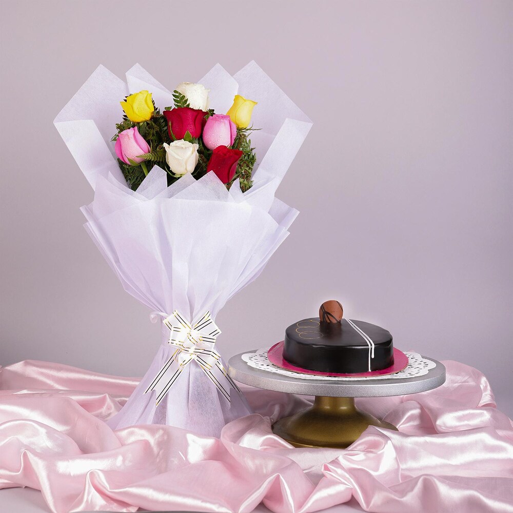 Admirable Roses Bouquet And Chocolate Cake Combo | Winni