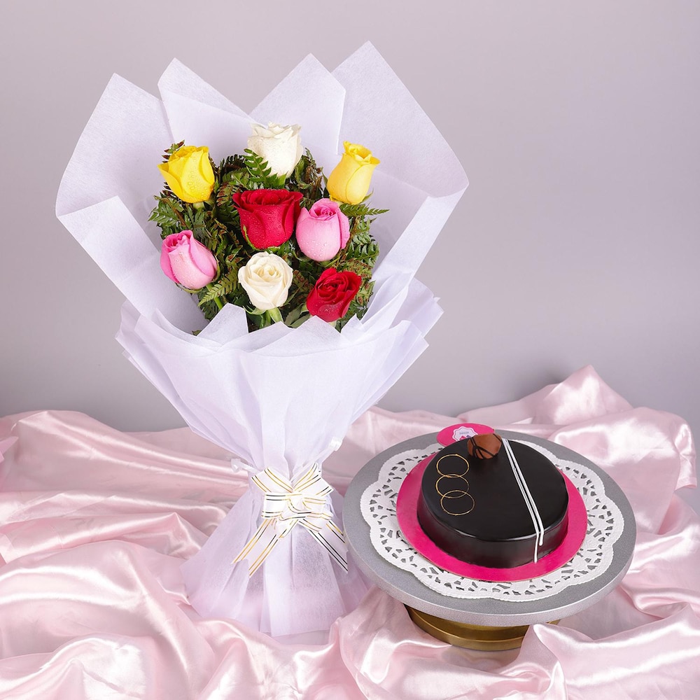 Admirable Roses Bouquet And Chocolate Cake Combo | Winni