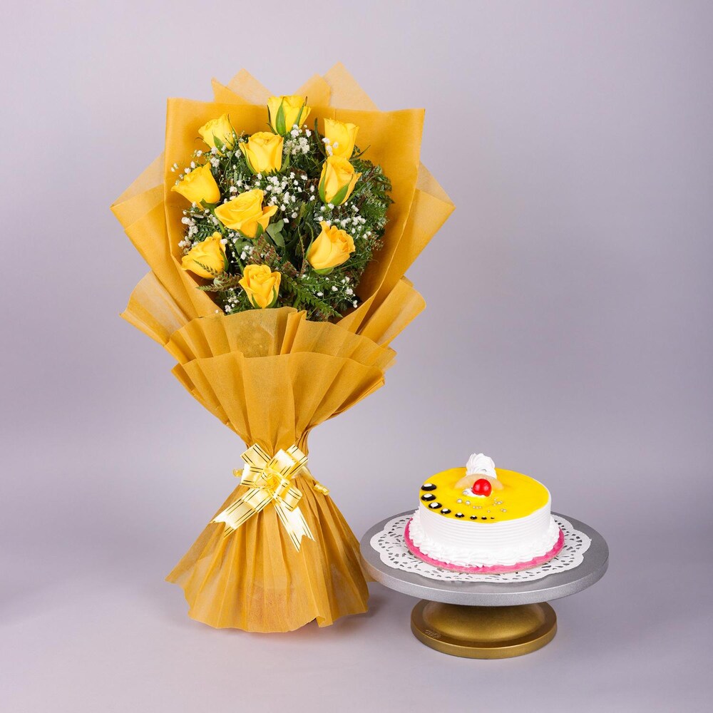 Sun Kissed Yellow Roses Bouquet And Pineapple Cake Combo | Winni
