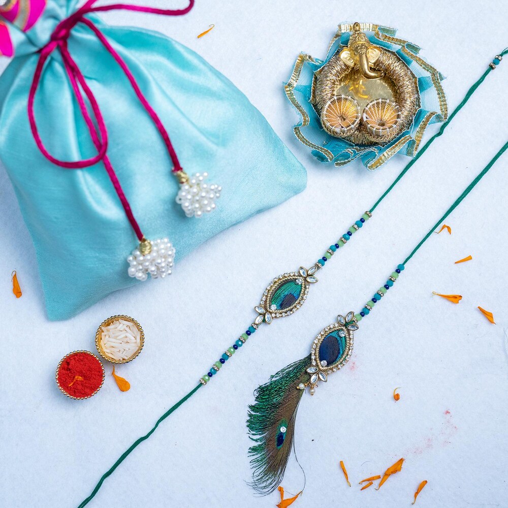 Majestic Peacock Feather Bhaiya Bhabhi Rakhi Set Winni