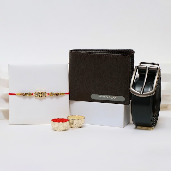 Personalized Wallet and Belt Gift Set with Rakhi | Winni